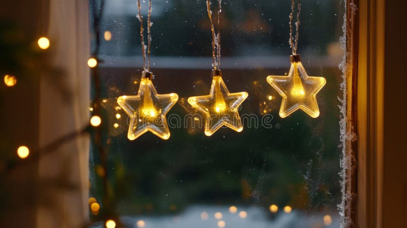 Three Illuminated Star-Shaped Lights Hanging in a Window Stock ...