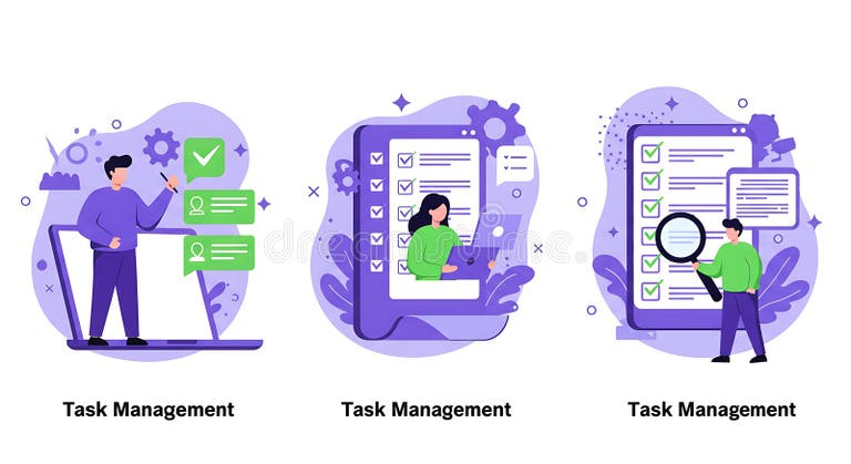 Three Illustrations Depicting Task Management Concepts. the First Shows ...