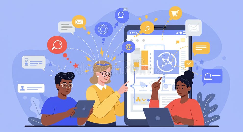 Three Individuals Collaborate Using Technology Devices. a Large Digital ...