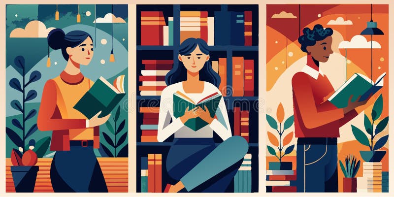 Three Individuals are Engrossed in Reading Books within a Library Stock ...