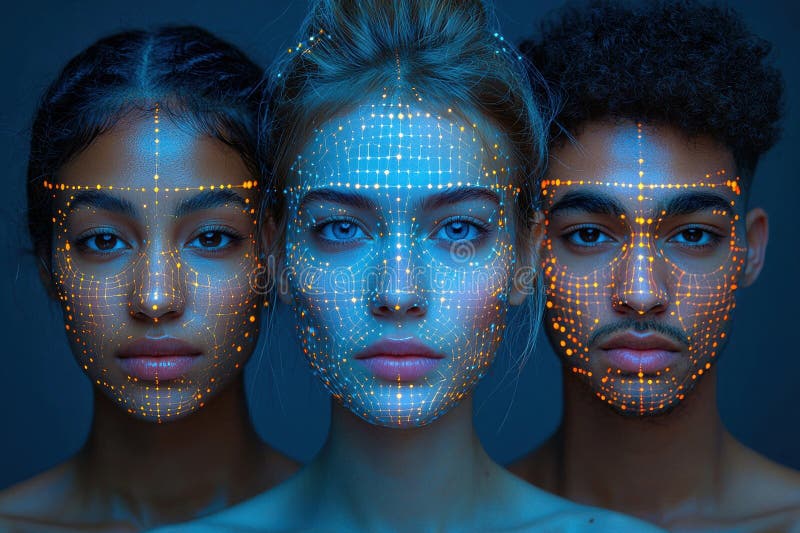 Three Individuals with Illuminated Facial Patterns Showcasing Advanced ...