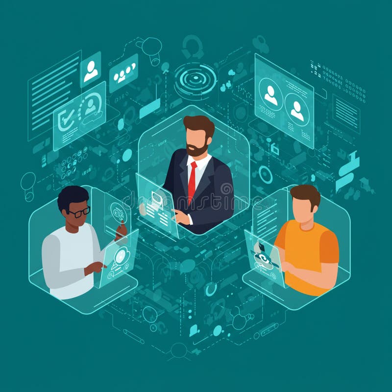 Three Individuals Interact with Virtual Interfaces in a Digital Setting. the Central Figure ...