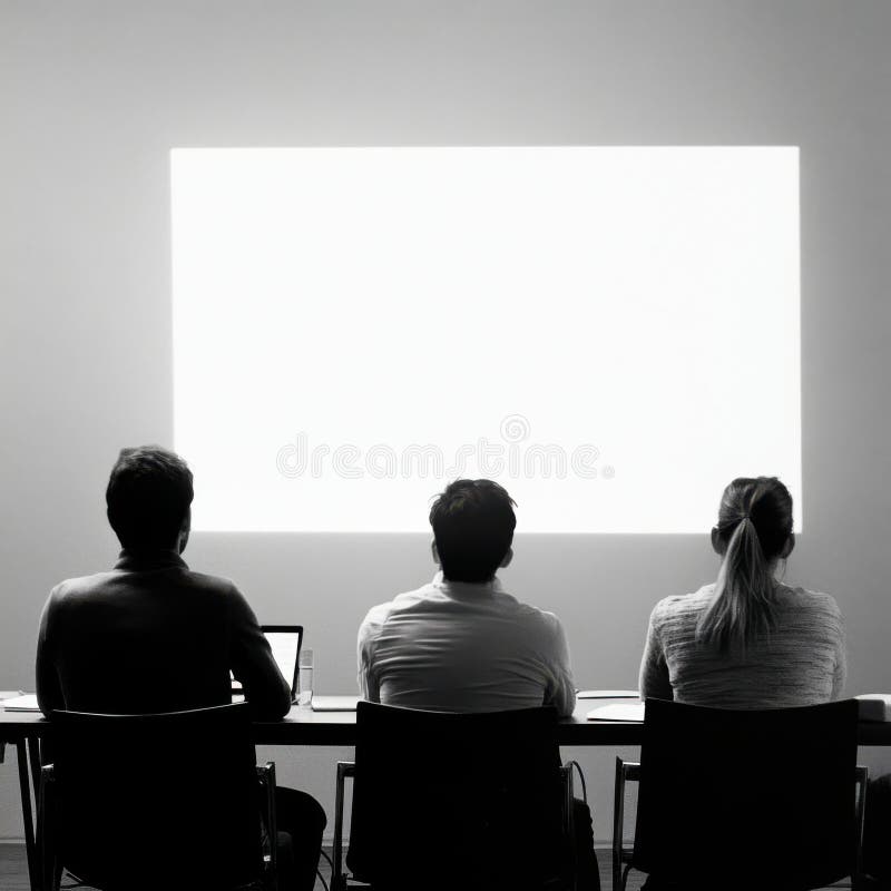 Three Individuals in Meeting Room Focused on Blank Screen, Engaged in ...