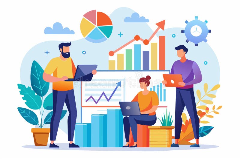 Three Individuals Review Growth Metrics Using Laptops and Visual Aids ...