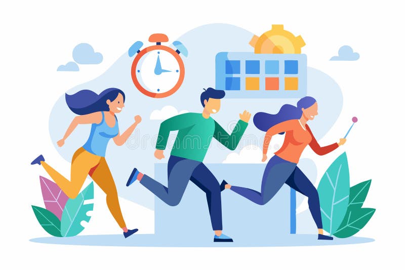 Three Individuals are Running Energetically while a Clock and Calendar ...