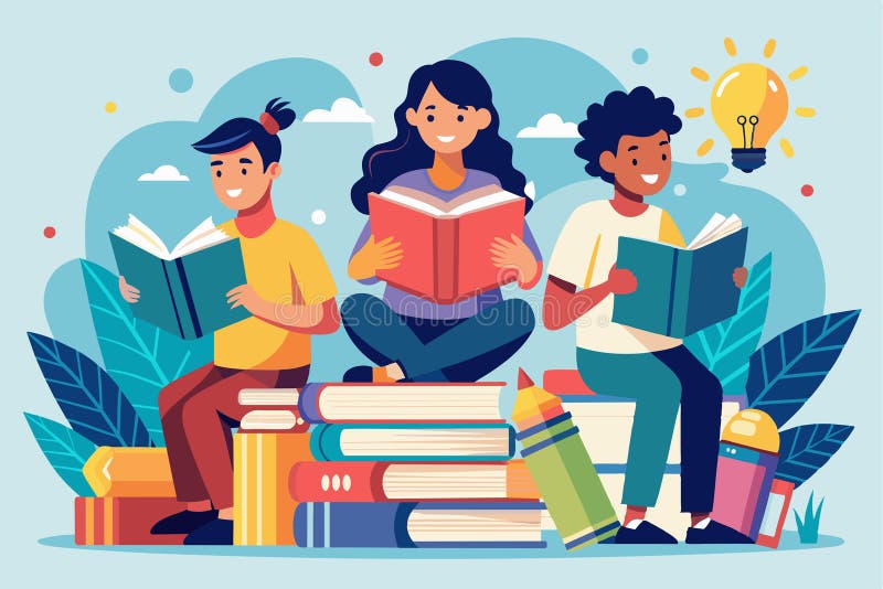 Three Individuals are Sitting on Stacked Books Outdoors, Deeply Engaged ...