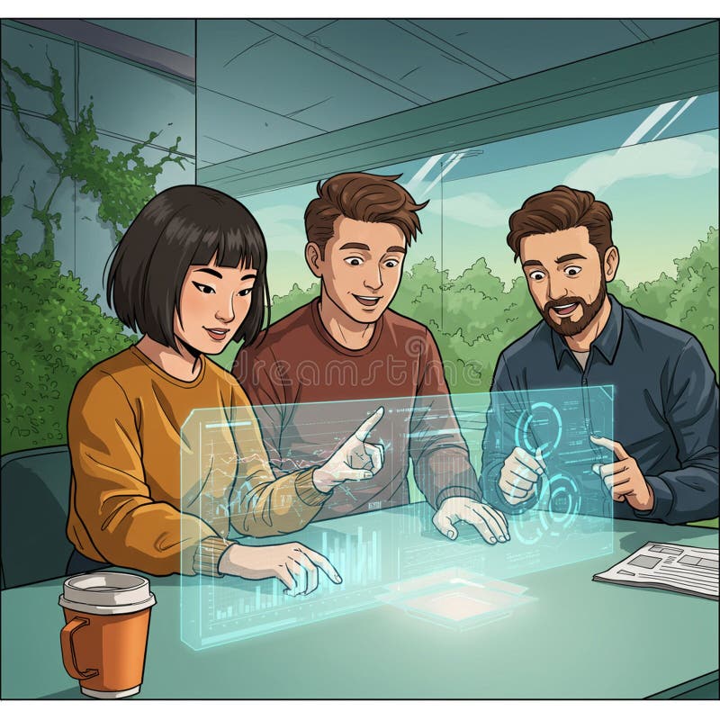 Three Individuals, Two Men and One Woman, Interact with a Holographic ...