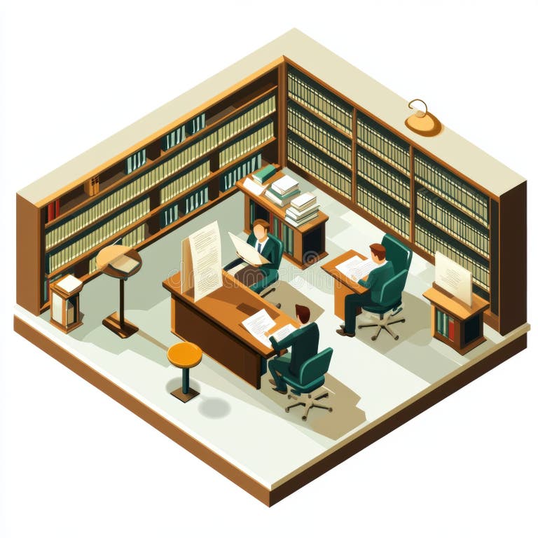 Three Individuals in a Well-organized Library Discussing Documents at a ...