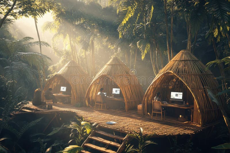 Creative Workers Focus on Projects in Bamboo Huts in a Lush Jungle ...