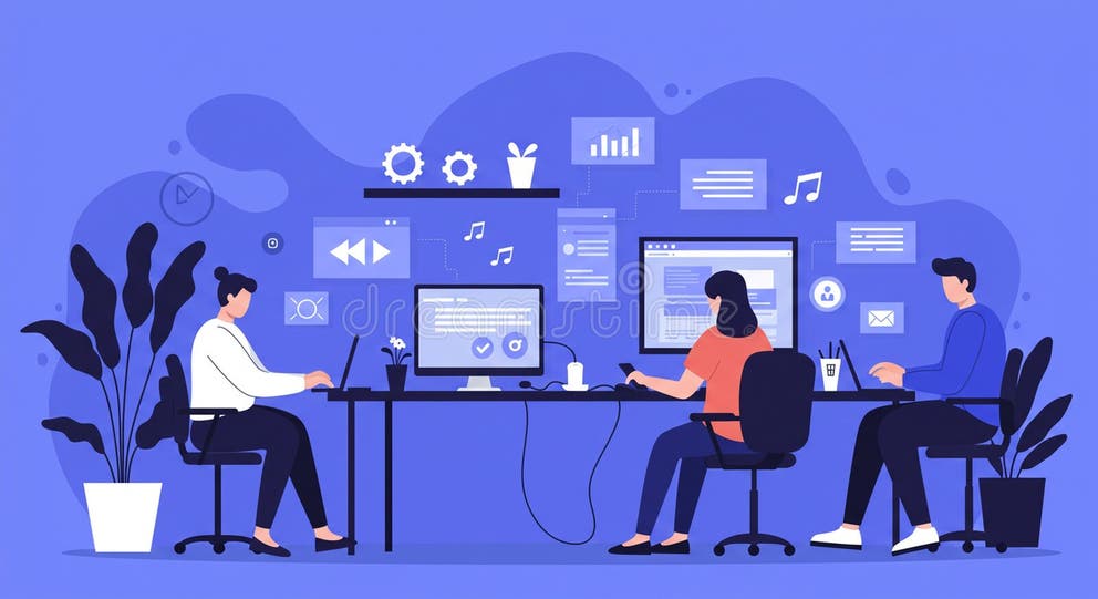 Three Individuals Work at a Shared Desk Setup with Computers ...