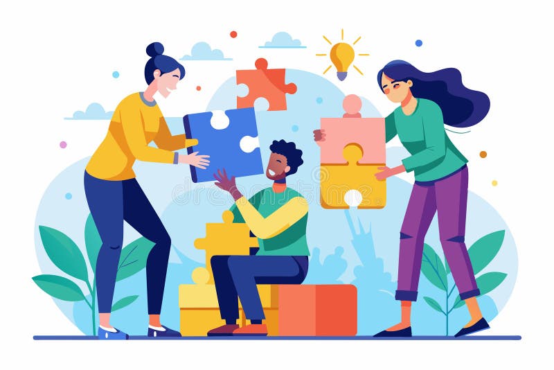 Three Individuals Work Together, Assembling a Large Puzzle in a Bright ...