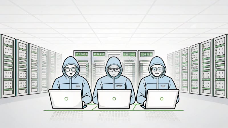Three Individuals Working on Laptops in Data Center, Focused on Tasks ...