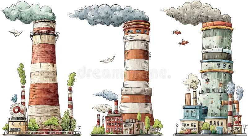 Three Industrial Chimneys with Smoke Illustration Stock Illustration ...