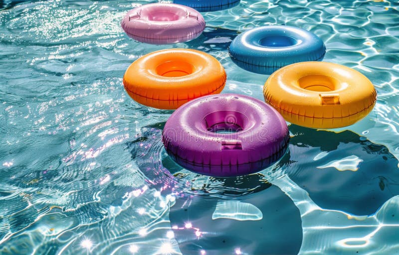 Three Inflatable Floats Drifting in Pool Water Stock Image - Image of ...