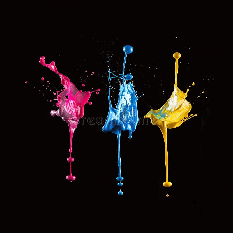 Three Ink Colors Dripping Cyan, Yellow, and Magenta on a Black ...