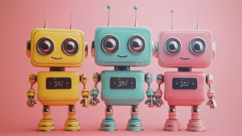 Three Innovative Robots Standing Side by Side in a Futuristic ...