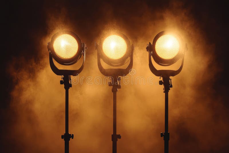 Three Bright Stage Spotlights with Dramatic Smoke Stock Image - Image ...