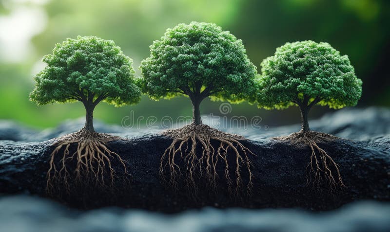 Three Interconnected Trees with Visible Roots, Symbolizing Unity and ...