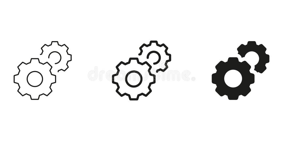 Three Interlocking Gears Line and Solid Icon Set. Mechanical Engineering, Process Optimization ...