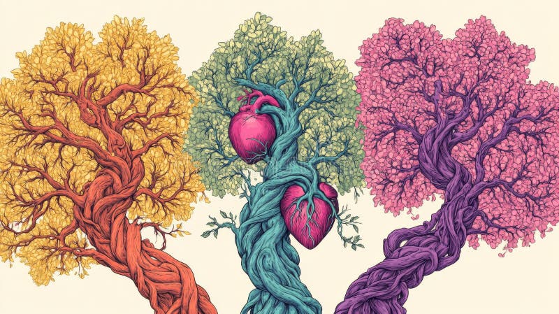 Three Intertwined Fantasy Trees with Hearts Stock Illustration ...