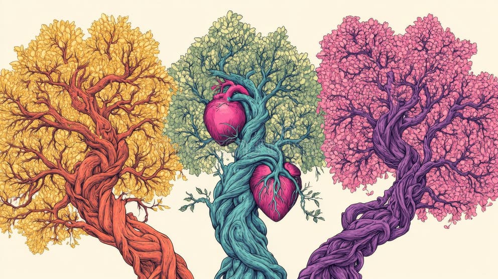 Three Intertwined Fantasy Trees with Hearts Stock Illustration ...