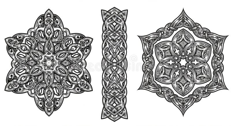 Three Intricate Celtic Designs Featuring Interwoven Knots and Patterns ...