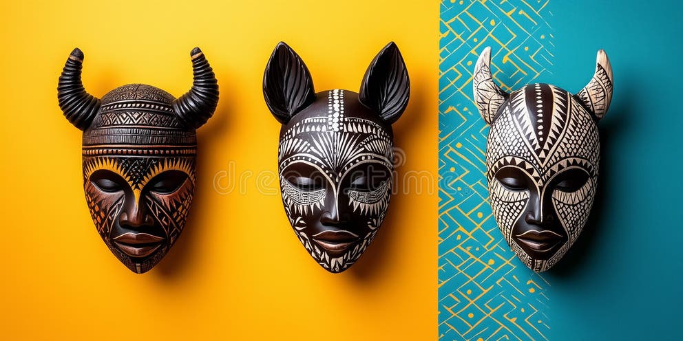 Three Intricately Designed African Masks Arranged on Bright Backgrounds ...