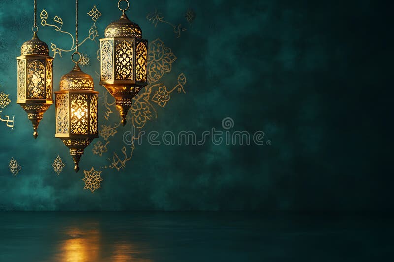 Elegant Ramadan Lanterns Islamic Hanging Lights, Teal Background ...