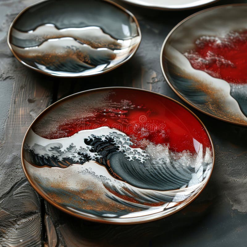 Three Designer Plates with Unique Designs on a Table Stock Illustration ...