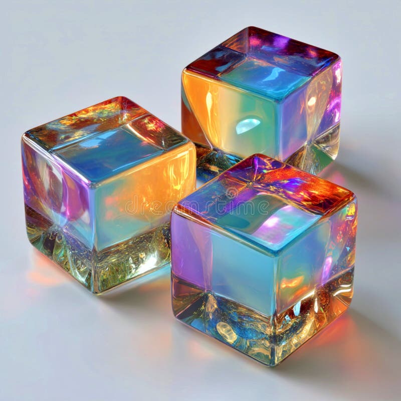 Three Iridescent Cubes Casting Shadows on a White Surface Stock ...