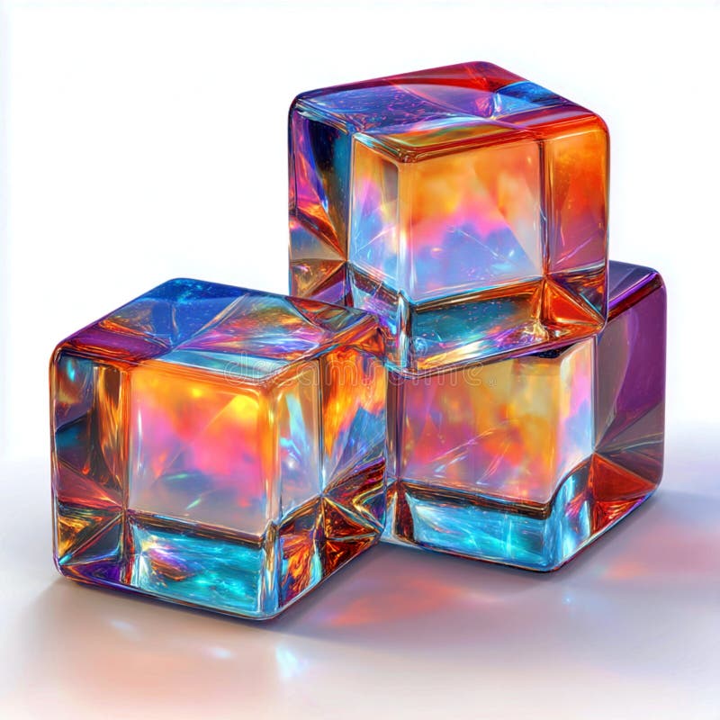Three Iridescent Cubes Stacked on a White Surface Casting Light Stock ...