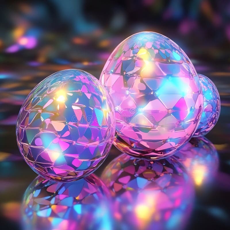 Three Iridescent, Egg-shaped Objects with a Faceted Surface Reflect ...