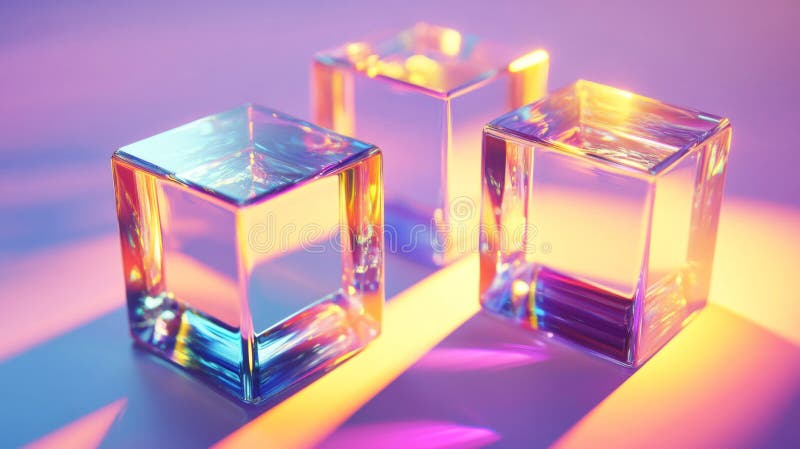 Three Iridescent Glass Cubes Under Colorful Light Stock Illustration ...