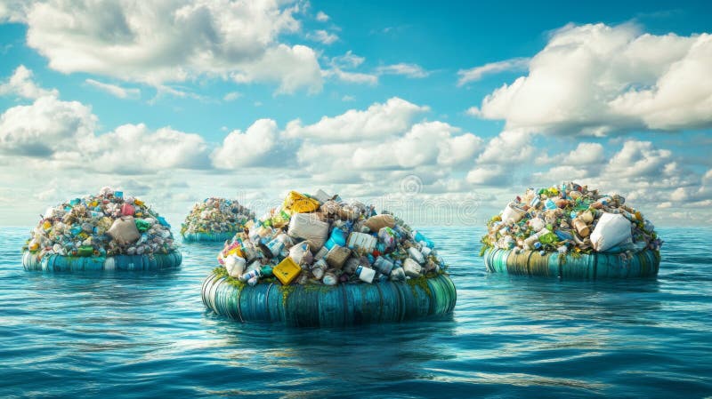Three Islands of Plastic Waste Floating in the Ocean Stock Illustration ...
