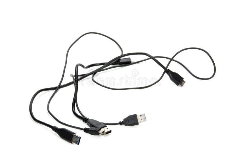 Three Isolated Black Intertwined USB Cables on White Stock Image ...