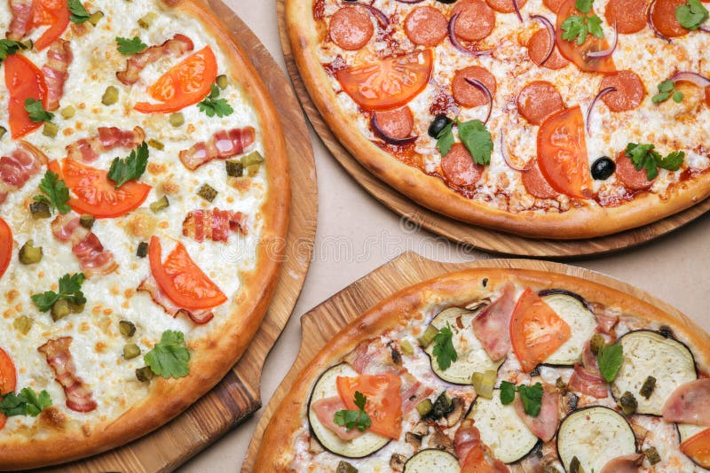 Three Italian pizza stock photo. Image of pepper, basil - 91858700