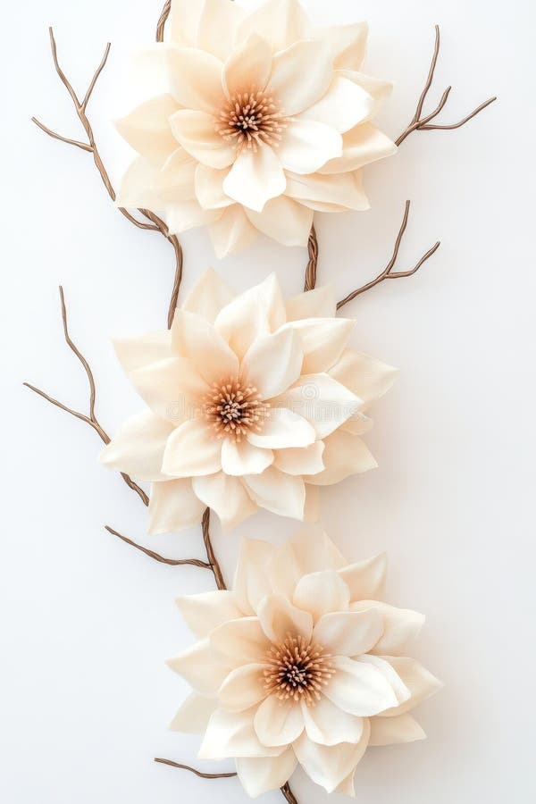 Three Ivory Handmade Paper Magnolia Flowers Arranged on Thin Delicate ...