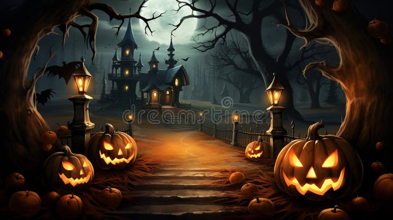 Three Jack O Lantern at Dark Stock Illustration - Illustration of ...