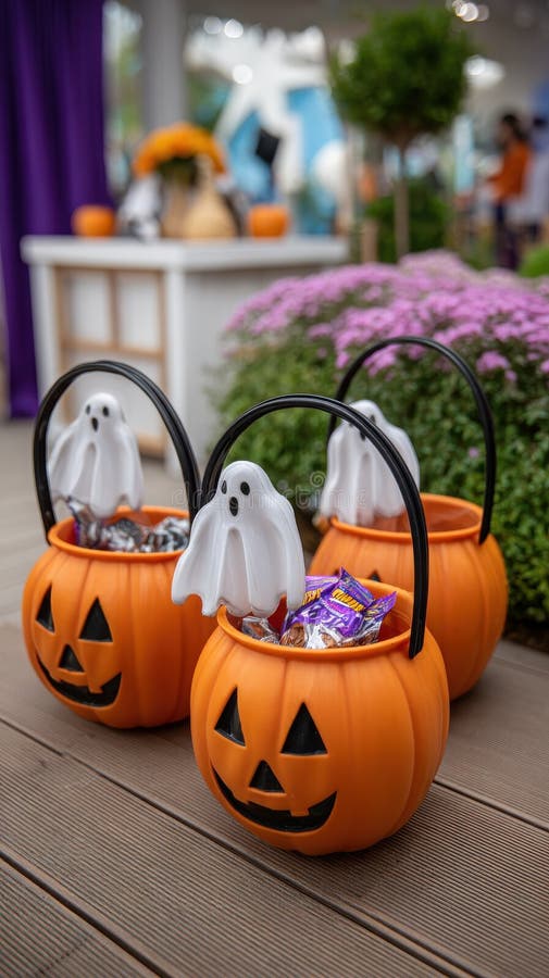 Three Jack O Lanterns with Candy and Ghost Figurines for Halloween ...