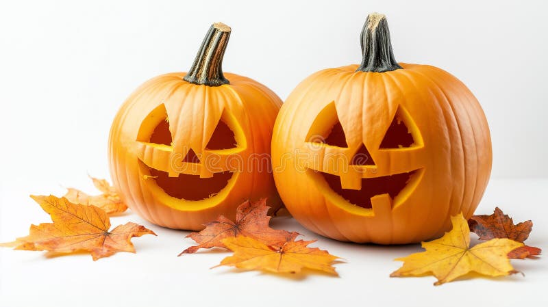 Three Jack-o -lanterns with Carved Faces Surrounded by Autumn Leaves ...