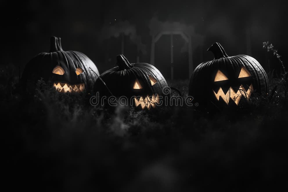Three Jack O Lanterns in the Dark Stock Photo - Image of autumn, yellow ...
