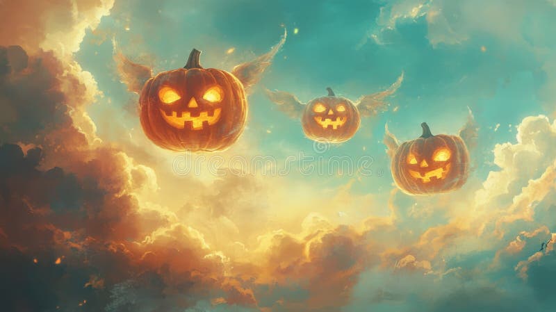 Three Jack-o -Lanterns Flying through the Clouds Stock Illustration ...