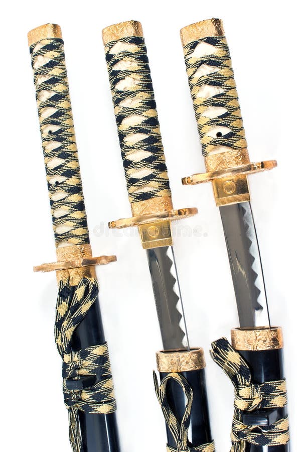 Three Samurai Swords Hang on White Wall Stock Image - Image of indoors ...