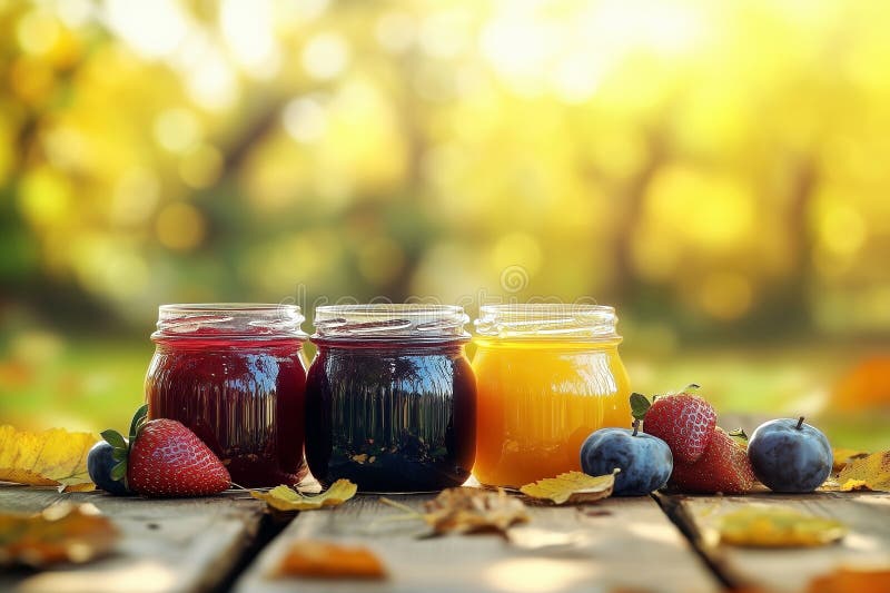 Three Jar Glasses with Different Kind of Jam on a Wooden Table in the ...