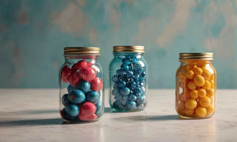 Three Jars of Candy are Sitting on a Table. the Jars are Filled with ...