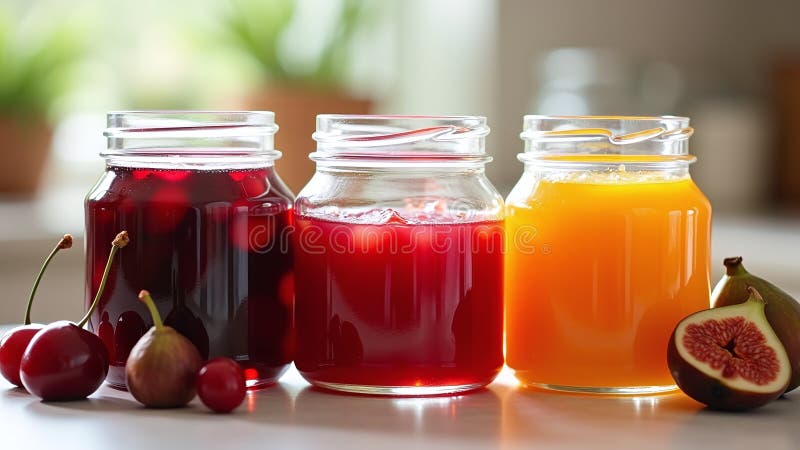 Three Jars of Juice with Cherries and Figs Stock Illustration ...