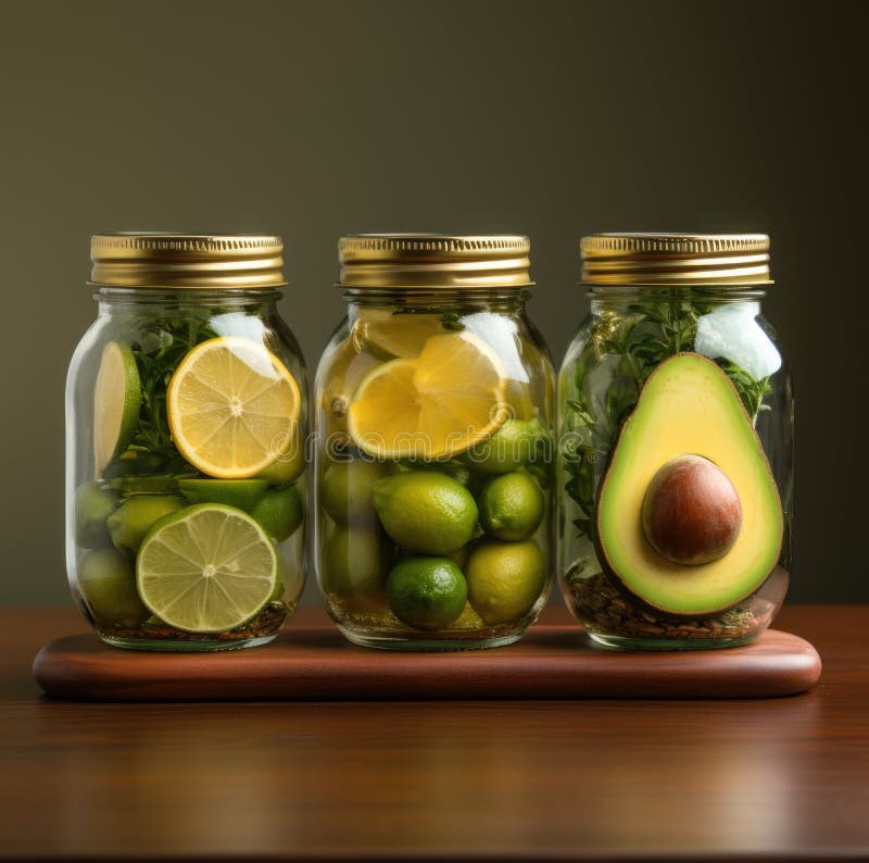 Three Jars Filled with Fruit and Vegetables on a Table. Generative AI ...