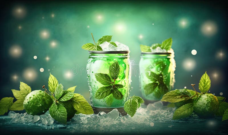 Three Jars Filled with Green Liquid and Mint Leaves on a Table Stock ...