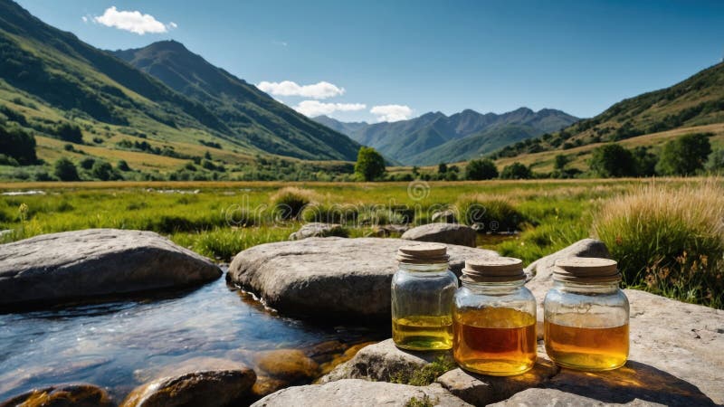 Scenic Mountain River with Glass Jars of Liquid Samples Stock ...