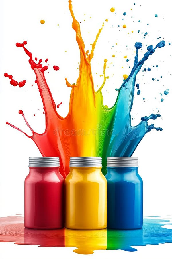Three Jars of Paint Splashing Out of Them on a White Background Stock ...